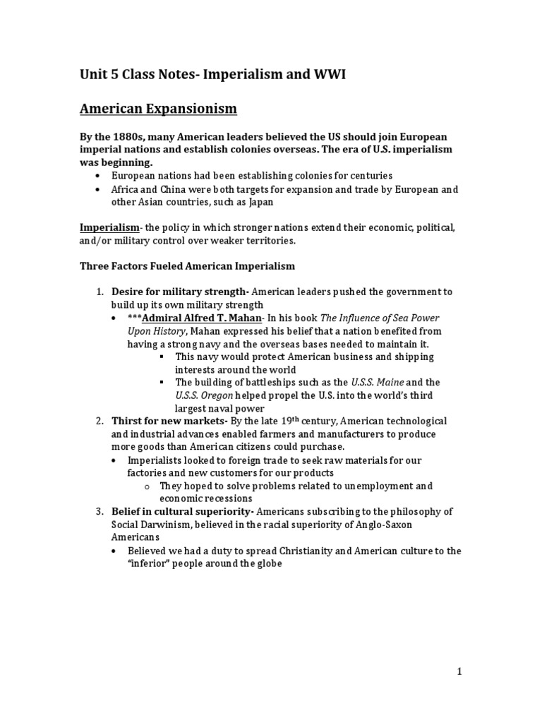 Unit 5 Class Notes-Imperialism and WWI American Expansionism | PDF ...