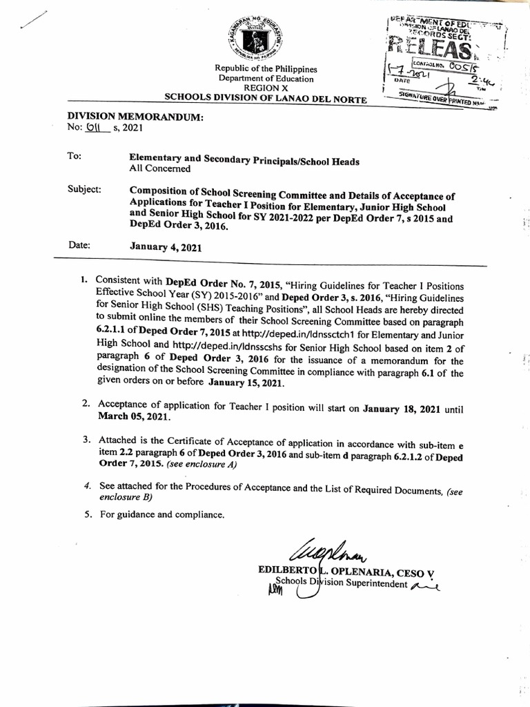 Composition of School Screening Committee and Details of Acceptance of ...