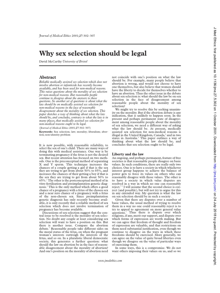 Why Sex Selection Should Be Legal David Mccarthy 2001 Pdf