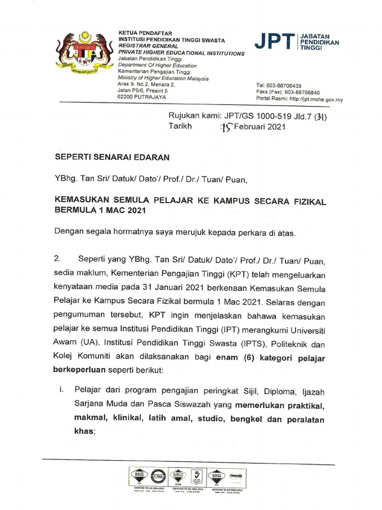 Surat Pemakluman Kemasukan Ke Kampus Ipts 2021 | PDF