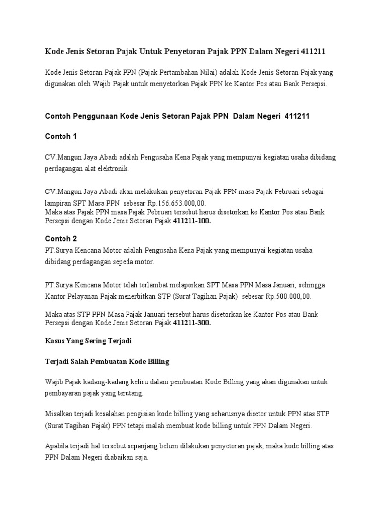 Kode Jenis Setoran Pajak Untuk Penyetoran Pajak PPN Dalam Negeri 411211 ...