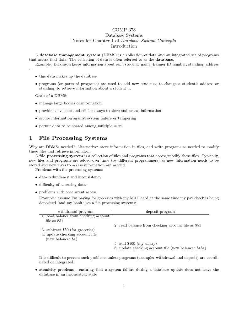 1 File Processing Systems: COMP 378 Database Systems Notes For Chapter ...