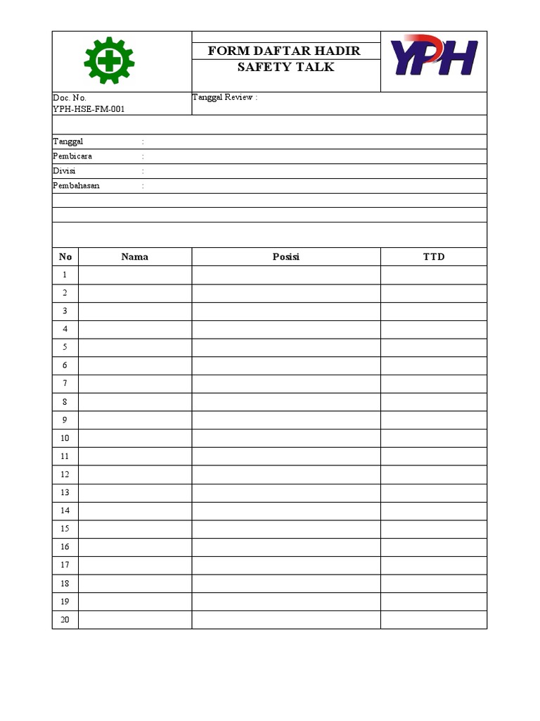 Form Daftar Hadir Safety Talk Yph | PDF