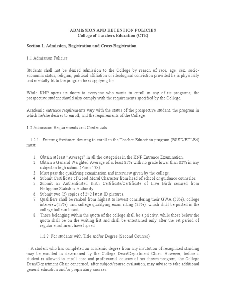 Admission and Retention Policies | PDF | University And College ...