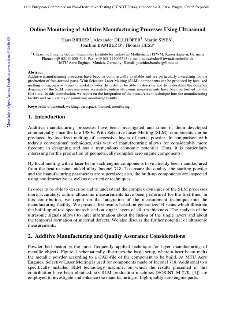 Online Monitoring of Additive Manufacturing Processes Using Ultrasound ...