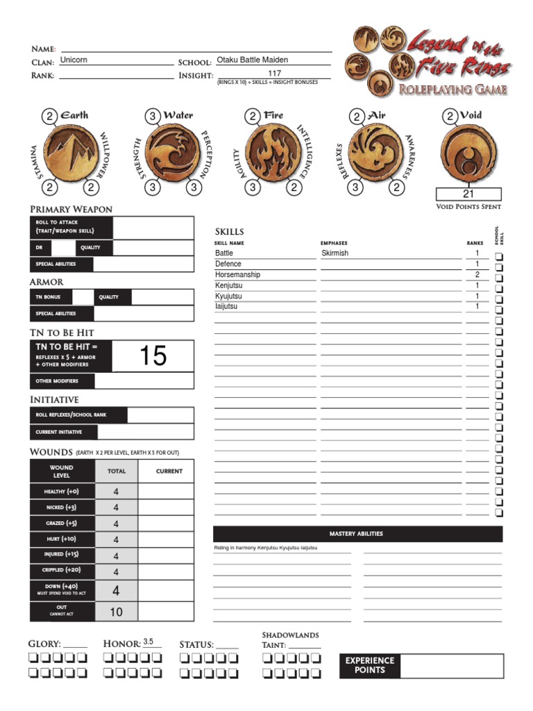 L5R - Character Sheet - 3rd Ed Fillable | PDF | Role Playing | Tabletop ...