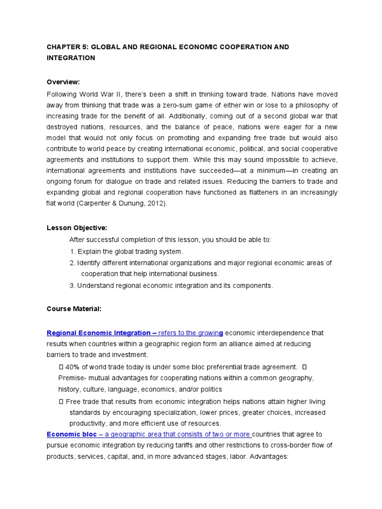 CHAPTER 5 - Global and Regional Economic Cooperation and Integration ...