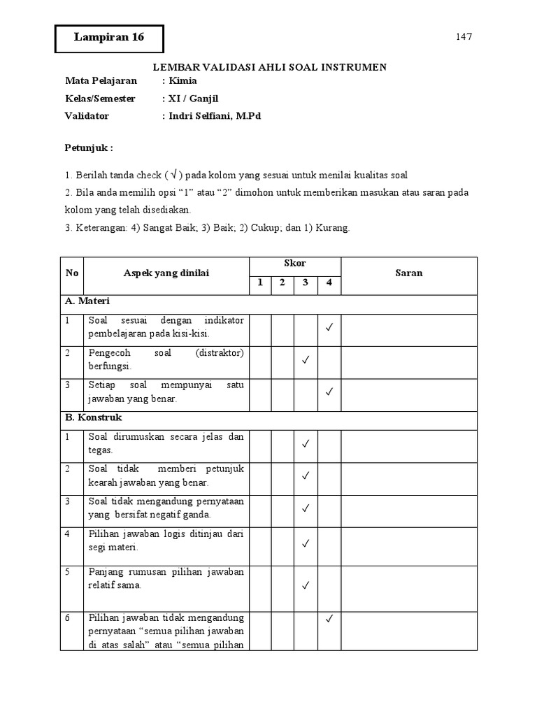 Lampiran Lembar Validasi Ahli Soal Instrumen | PDF