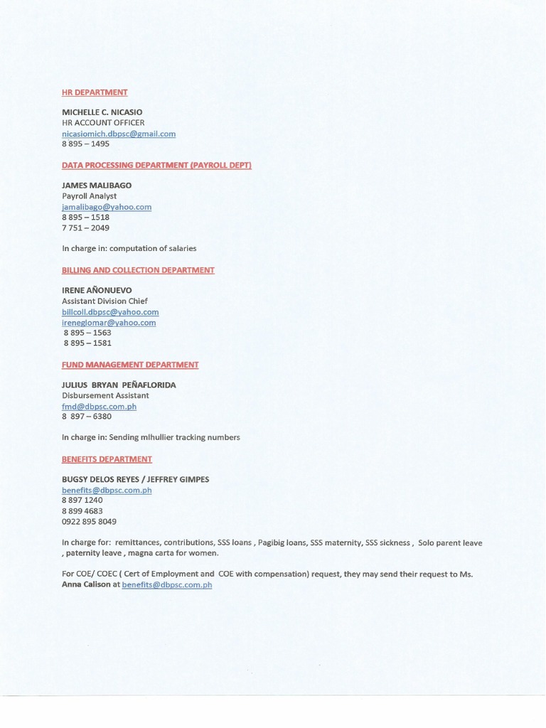 DBPSC Contact Person and Numbers | PDF