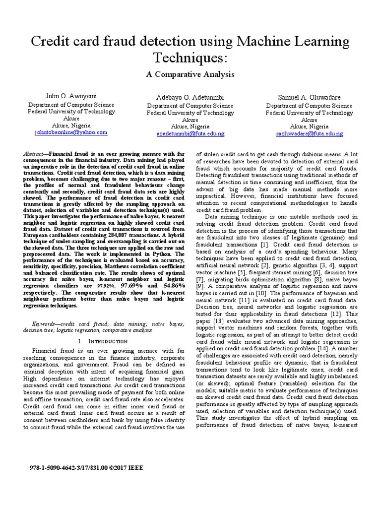 Credit Card Fraud Detection Using Machine Learning Techniques | PDF ...