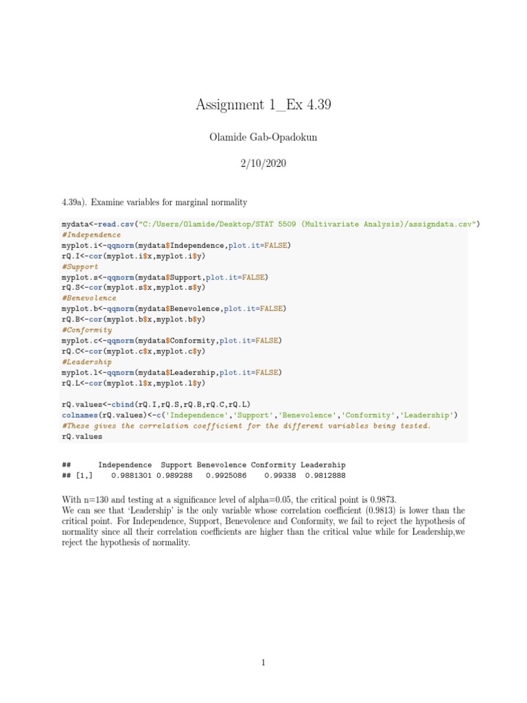 Assignment 1 - Ex 4.39: Olamide Gab-Opadokun 2/10/2020 | PDF | Statistical Analysis | Teaching ...