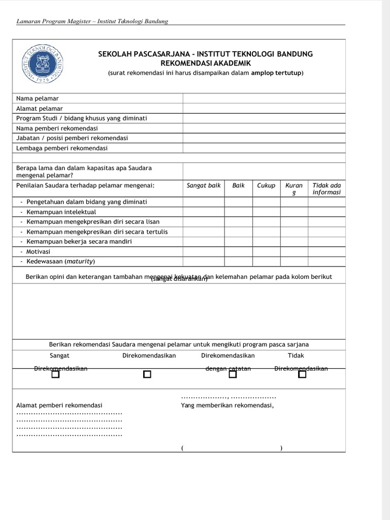 Surat Rekomendasi Itb | PDF