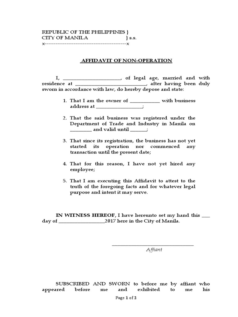 Affidavit of Non operation-TEMPLATE | PDF