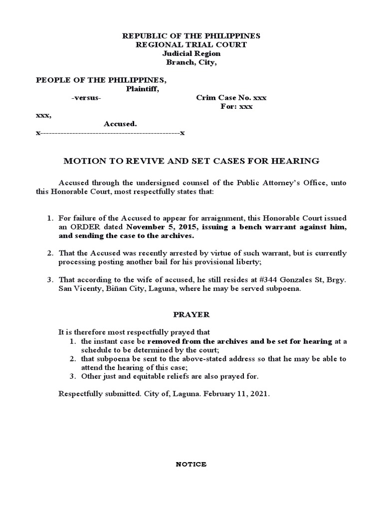 Motion to Revive and Set Hearing | PDF