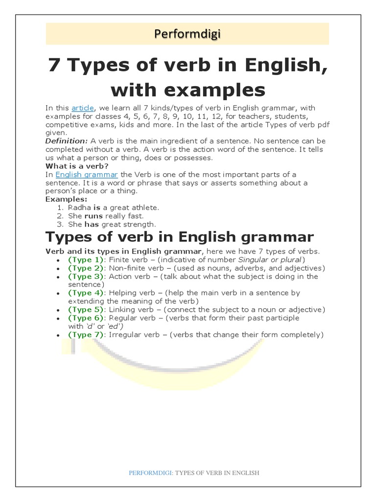 Types Of Verb In English, With Examples: Performdigi PDF