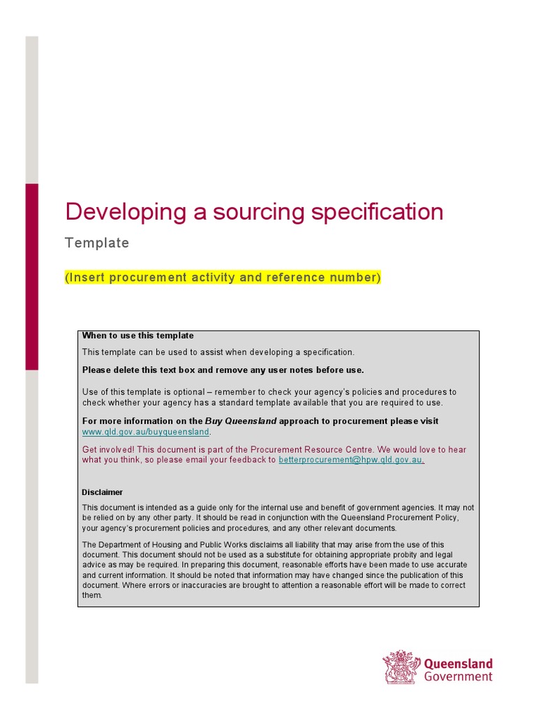 Sourcing Specification | PDF | Specification (Technical Standard) | Performance Indicator