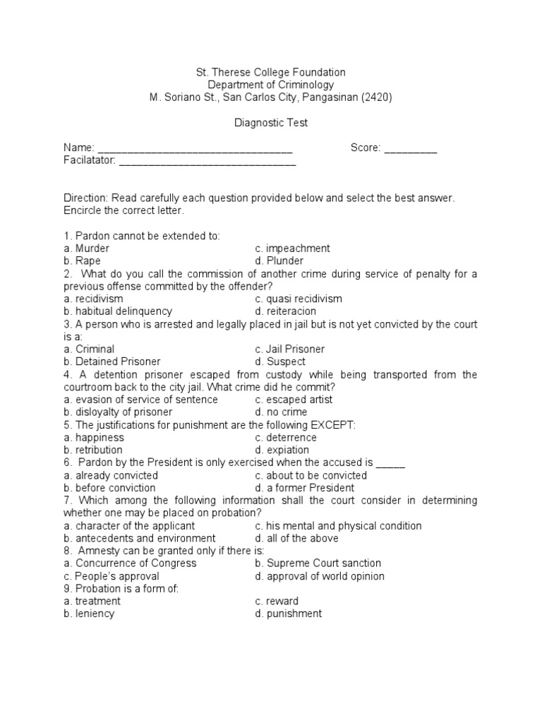 Compre Exam (March 2018) - Diagnostic Exam | PDF | Pardon | Prison