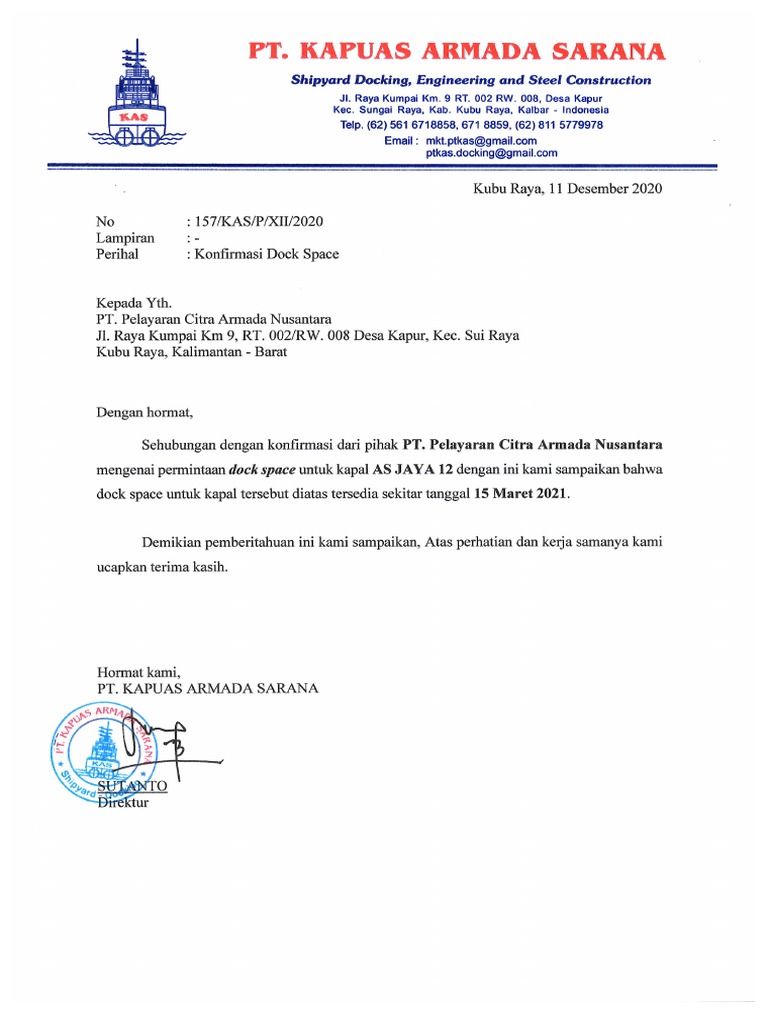 Surat Konfirmasi Dock Space - As Jaya 12 (Pt. Can) | PDF