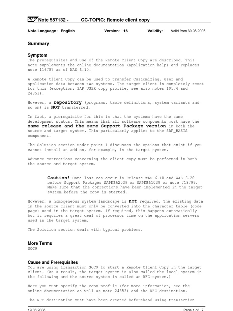 Note 557132 - CC-TOPIC: Remote Client Copy: Repository NOT | Download ...