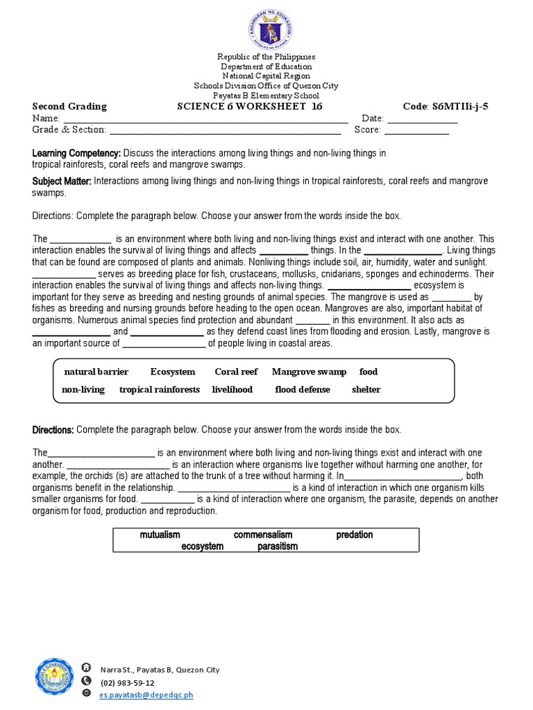 Second Grading Science 6 Worksheet 16 Code: S6Mtiii-J-5 | PDF | Coral ...