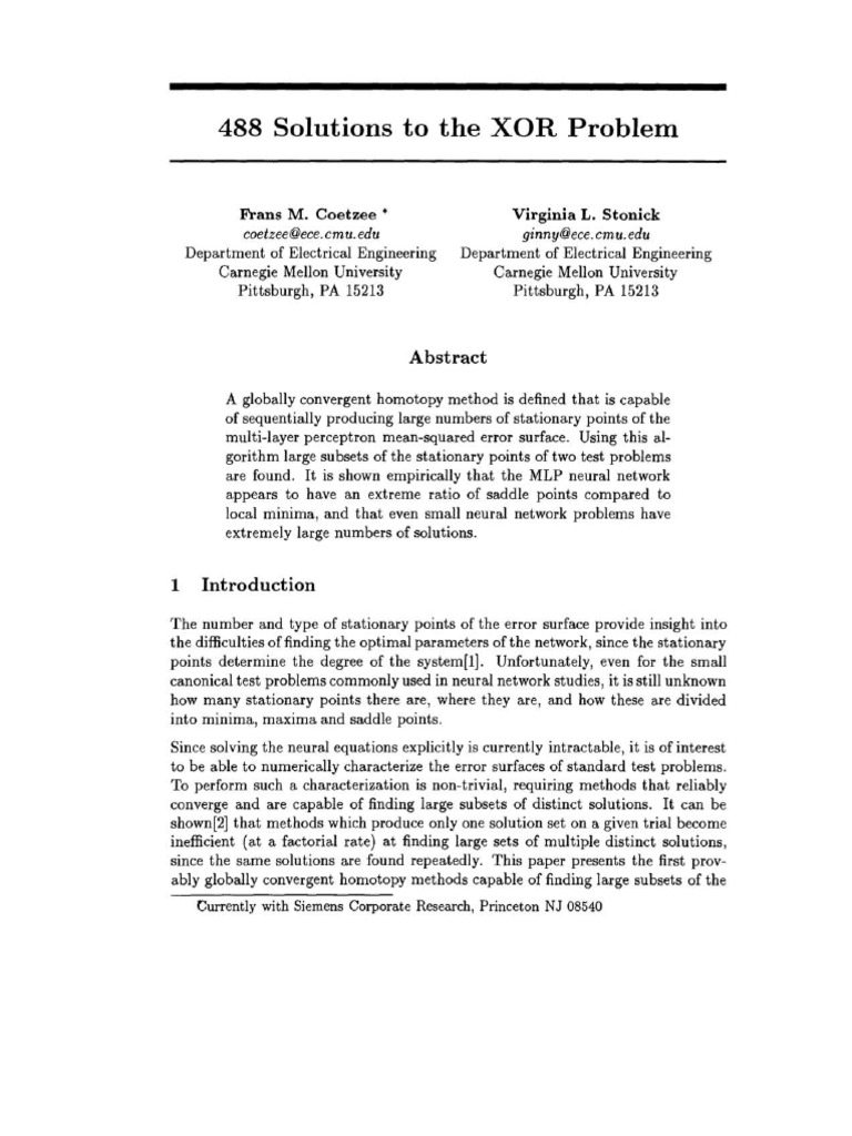 488 Solutions To The XOR Problem: Frans M. Virginia L. Stonick | PDF | Artificial Neural Network ...