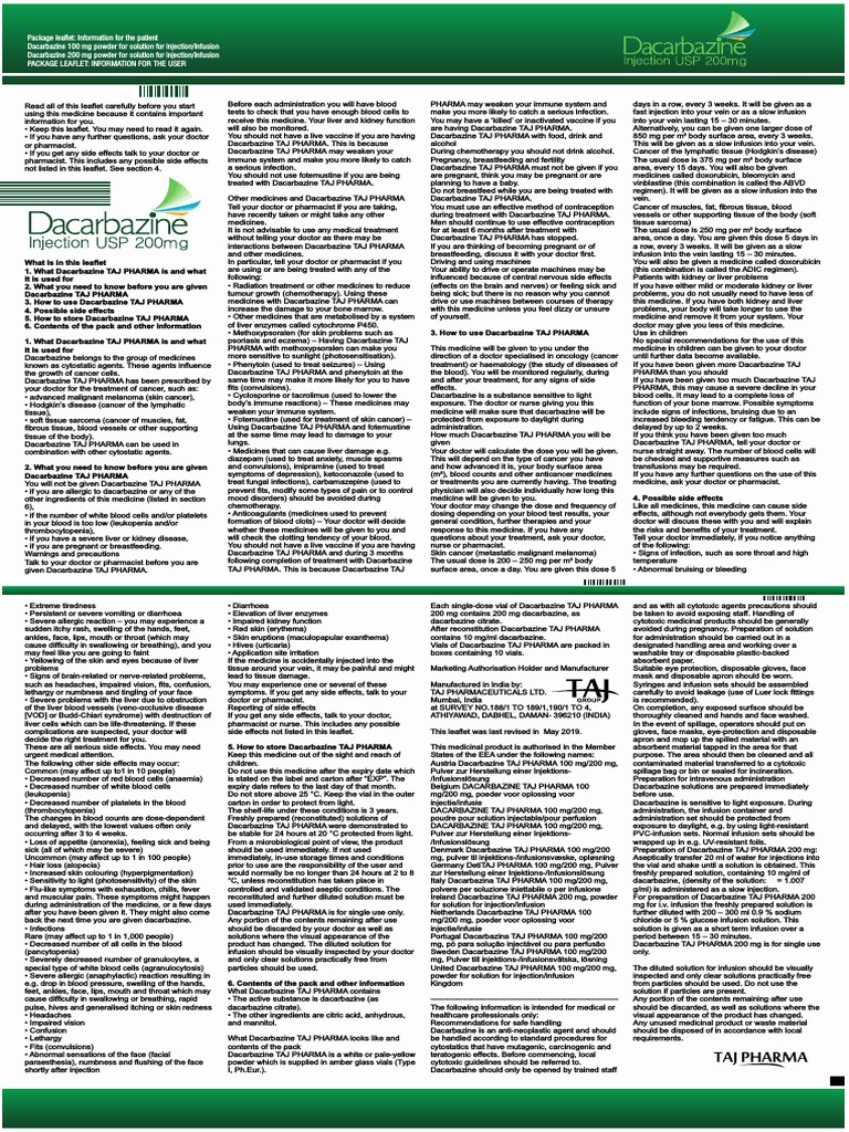 Dacarbazine 100mg Powder For Solution For Injection (Package Leaflet ...