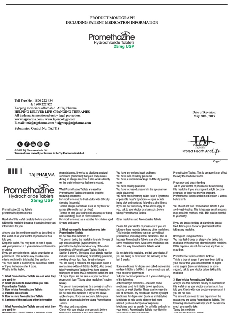 Promethazine Hydrochloride Tablets 25mg Usp - Taj Pharma, Leaflet Patient Medication Information ...