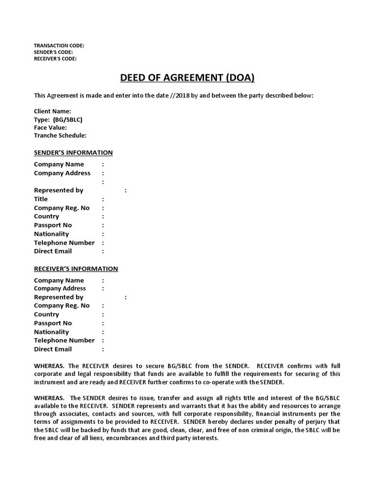 Deed of Agreement (Doa) : Transaction Code: Sender'S Code: Receiver'S ...