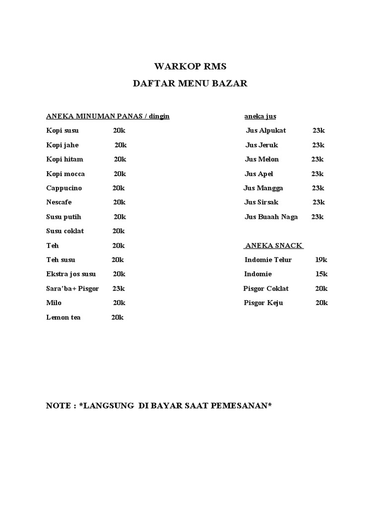 Daftar Menu Bazar Warkop Rms | PDF