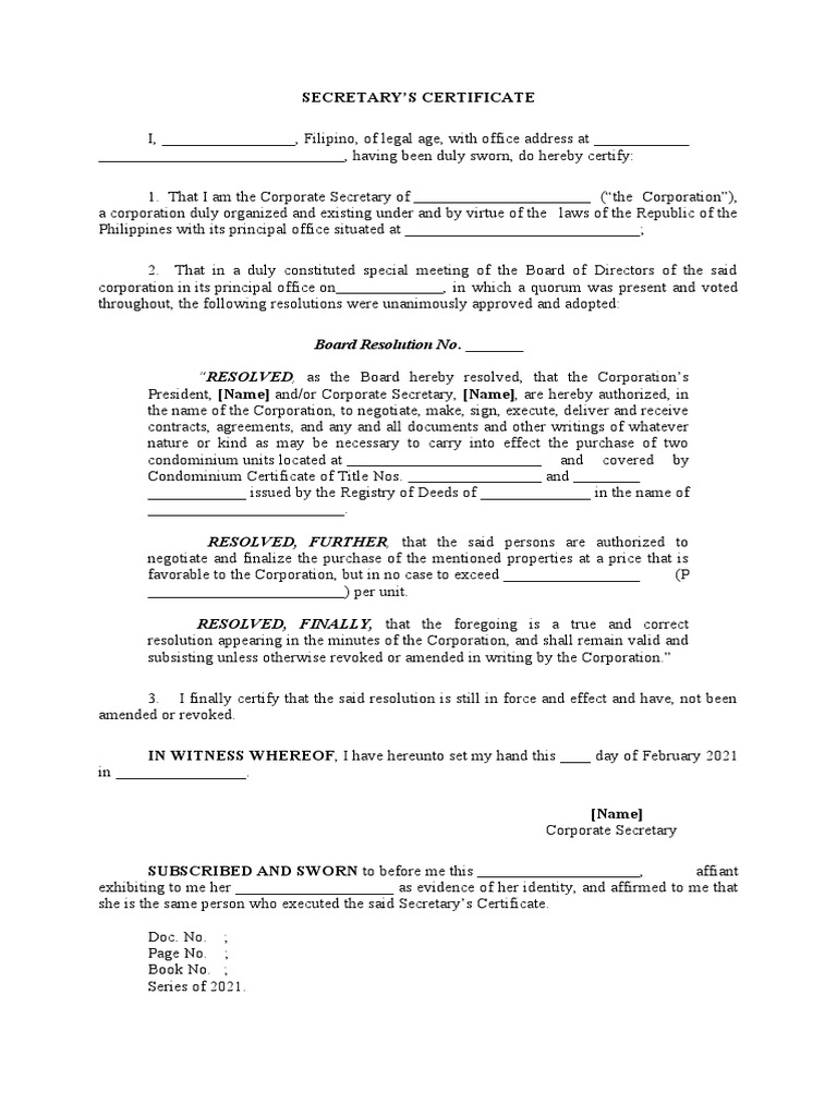 Secretary's Certificate (To Purchase Condo Units) | PDF | Condominium ...