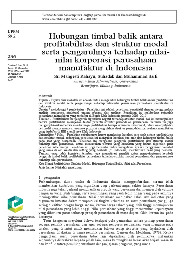 Hubungan Timbal Balik Antara Profitabilitas Dan Struktur Modal Serta ...