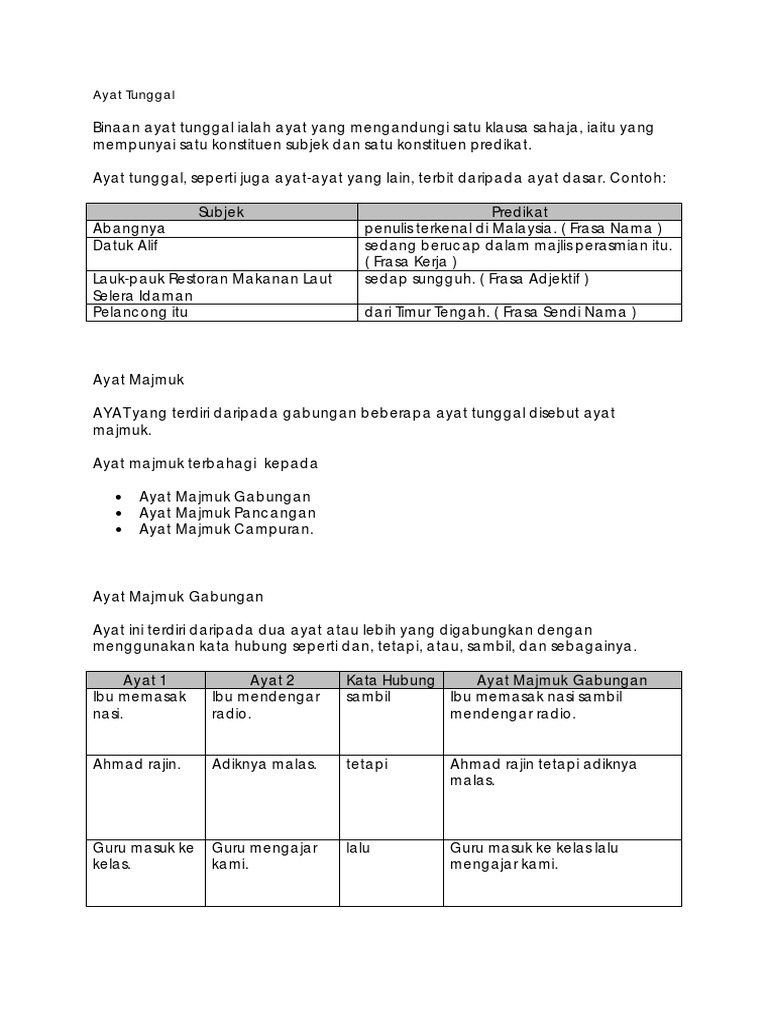 Nota Ayat Tunggal Dan Ayat Majmuk | PDF