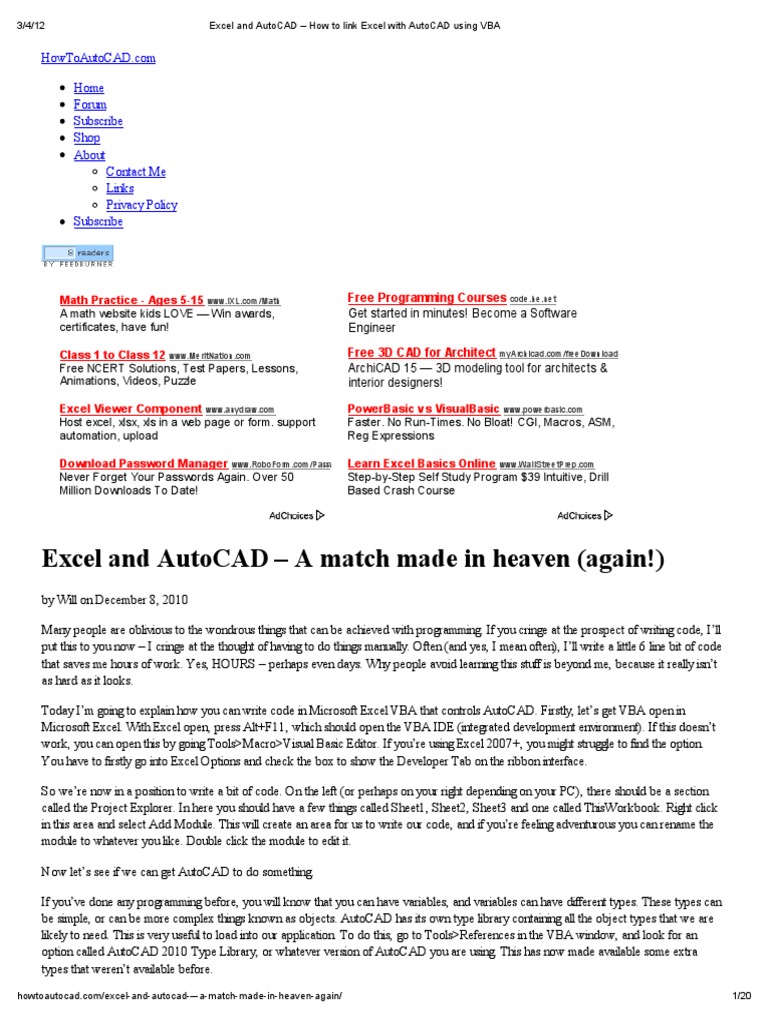 Excel And Autocad How To Link Excel With Autocad Using Vba Pdf Visual Basic For Applications