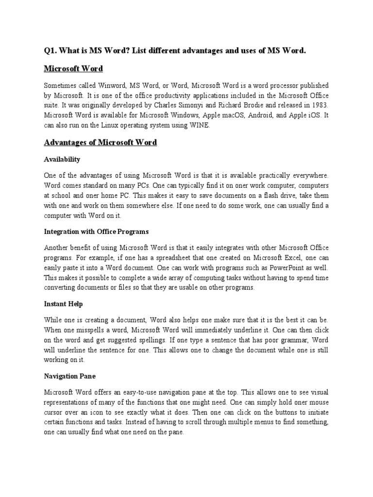 Q1. What Is MS Word? List Different Advantages and Uses of MS Word ...