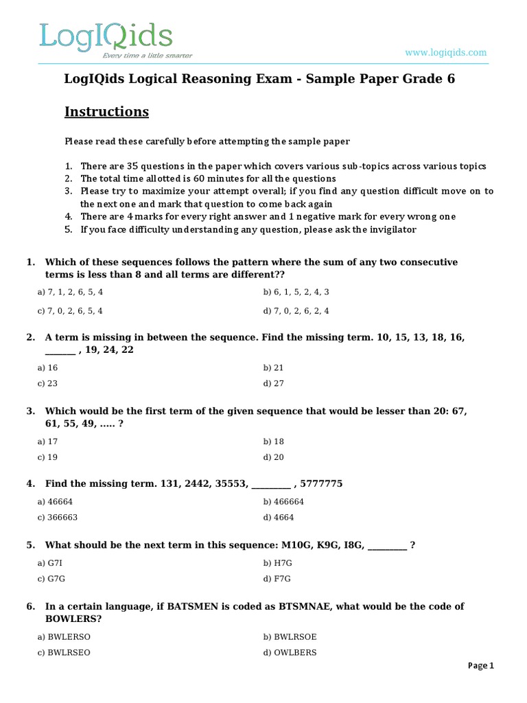 Instructions: Logiqids Logical Reasoning Exam - Sample Paper Grade 6 ...