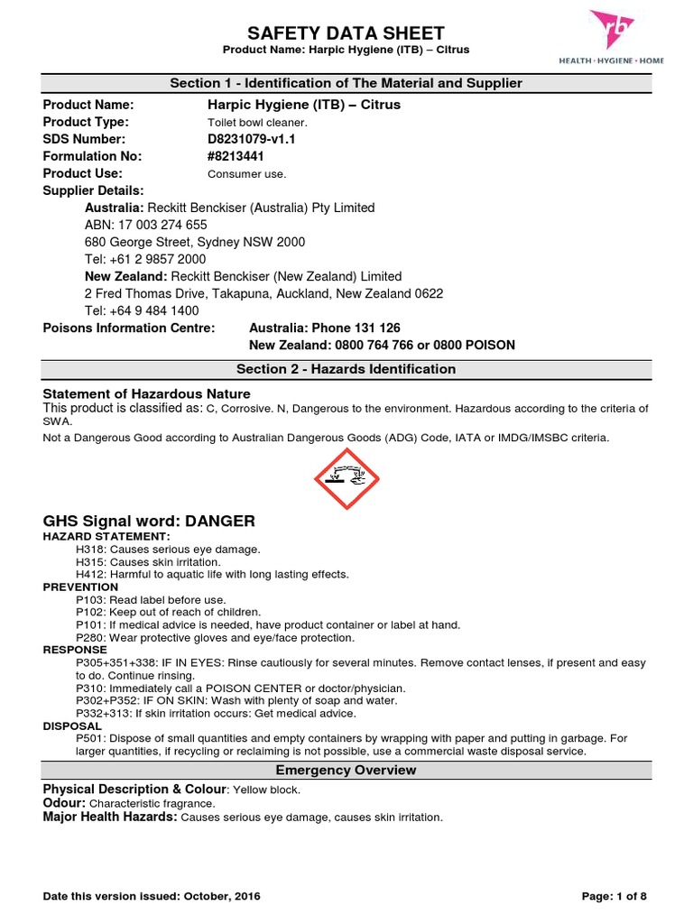 MSDS Harpic | PDF | Personal Protective Equipment | Waste