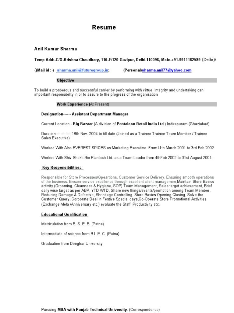 CV Anil Sharma Big Bazaar | PDF | Business