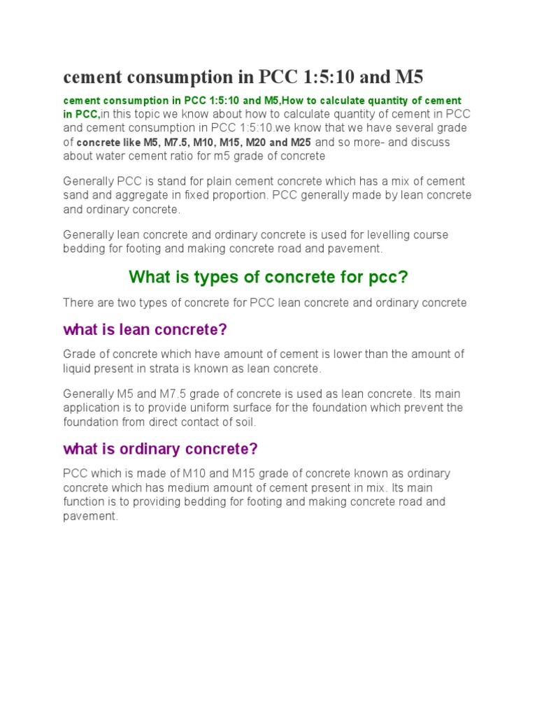 Cement Consumption in PCC 1:5:10 and M5: What Is Types of Concrete For ...