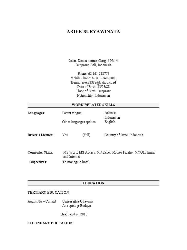 Hotel Management Resume of Ariek Suryawinata | PDF