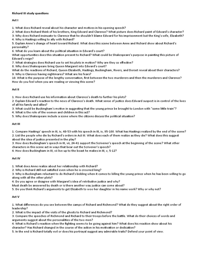 Richard III Study Questions | Download Free PDF | Richard Iii Of England