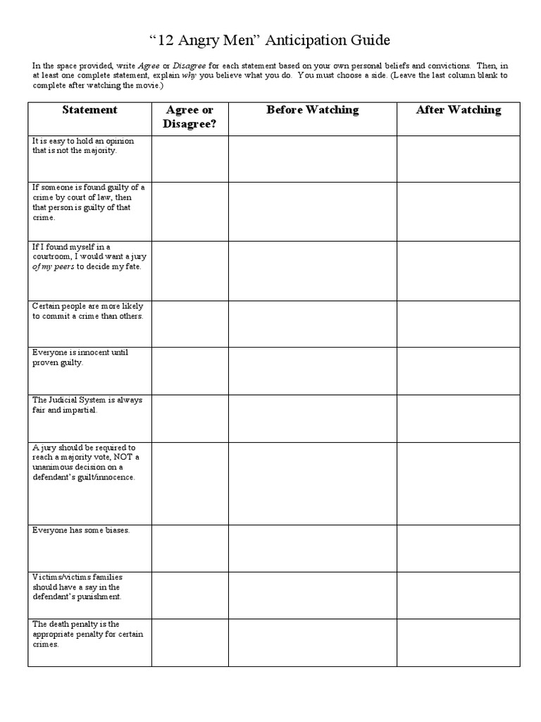 12 Angry Men Anticipation Guide | PDF