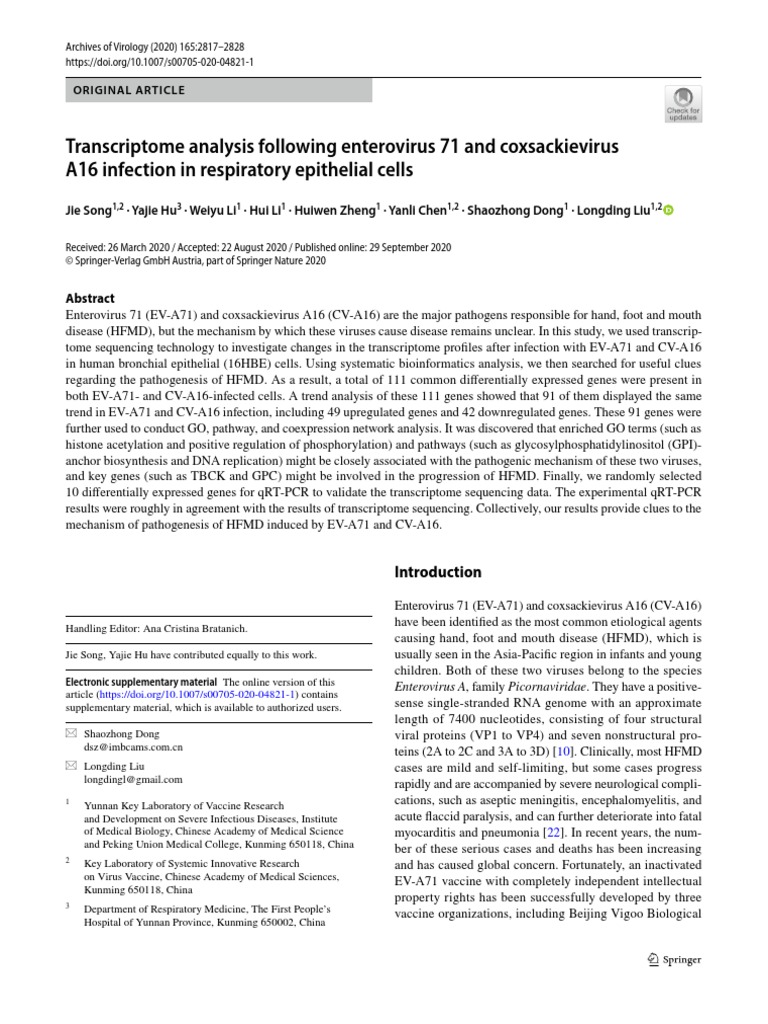 2020 Transcriptome Analysis Following Enterovirus 71 Infection in ...