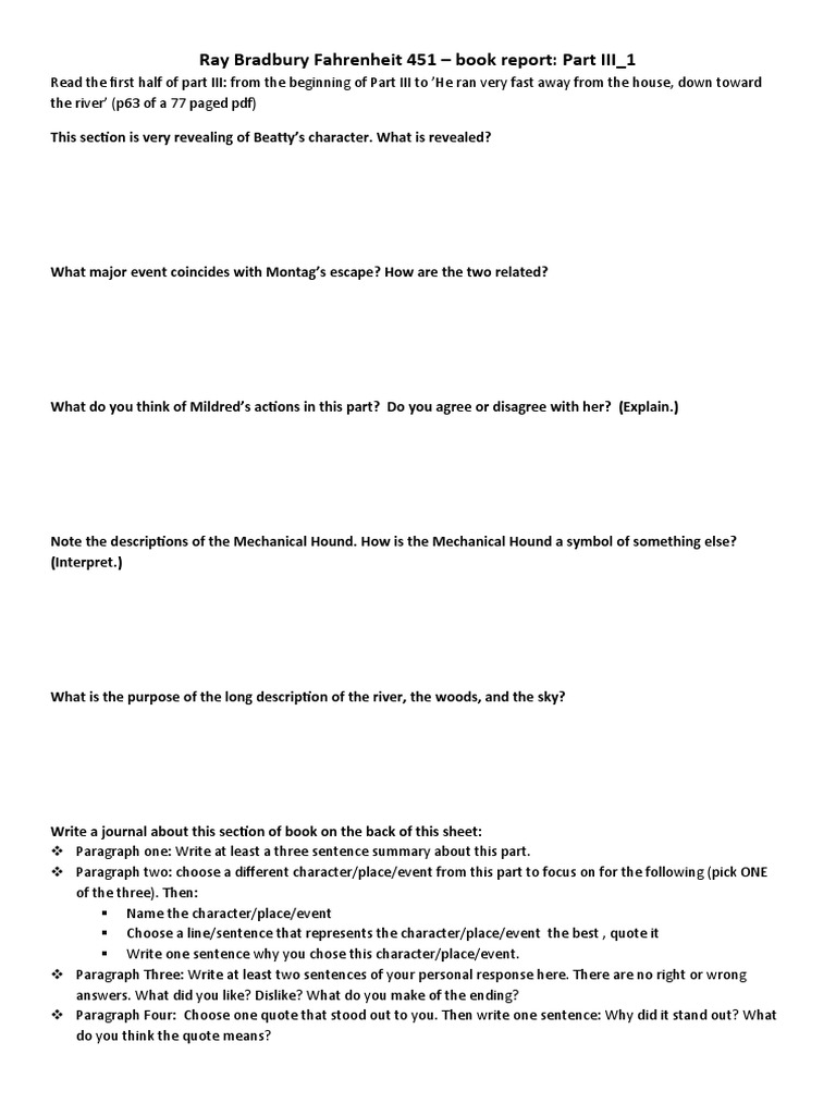 Fahrenheit Book Report Part III - 1 | PDF