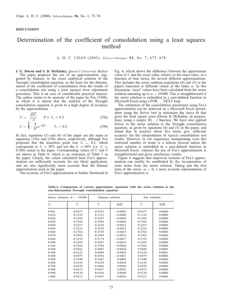 Determination Of The Coefficient Of Consolidation Using A Least Squares Method Pdf Least