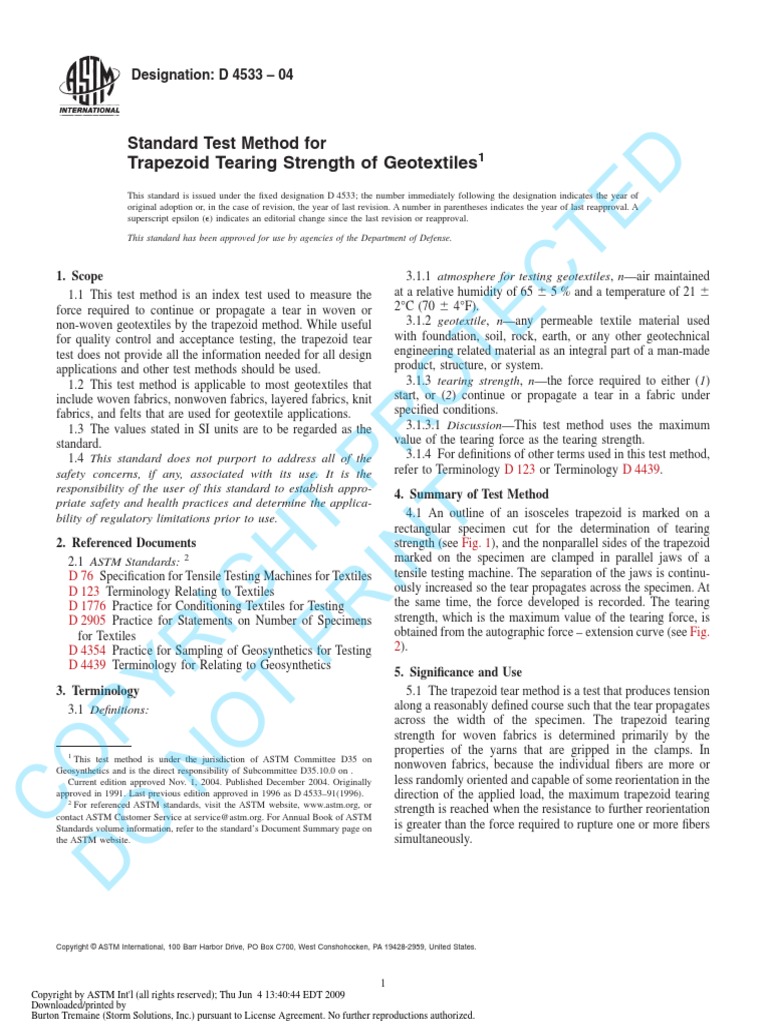 Protected Print: Trapezoid Tearing Strength of Geotextiles | PDF ...