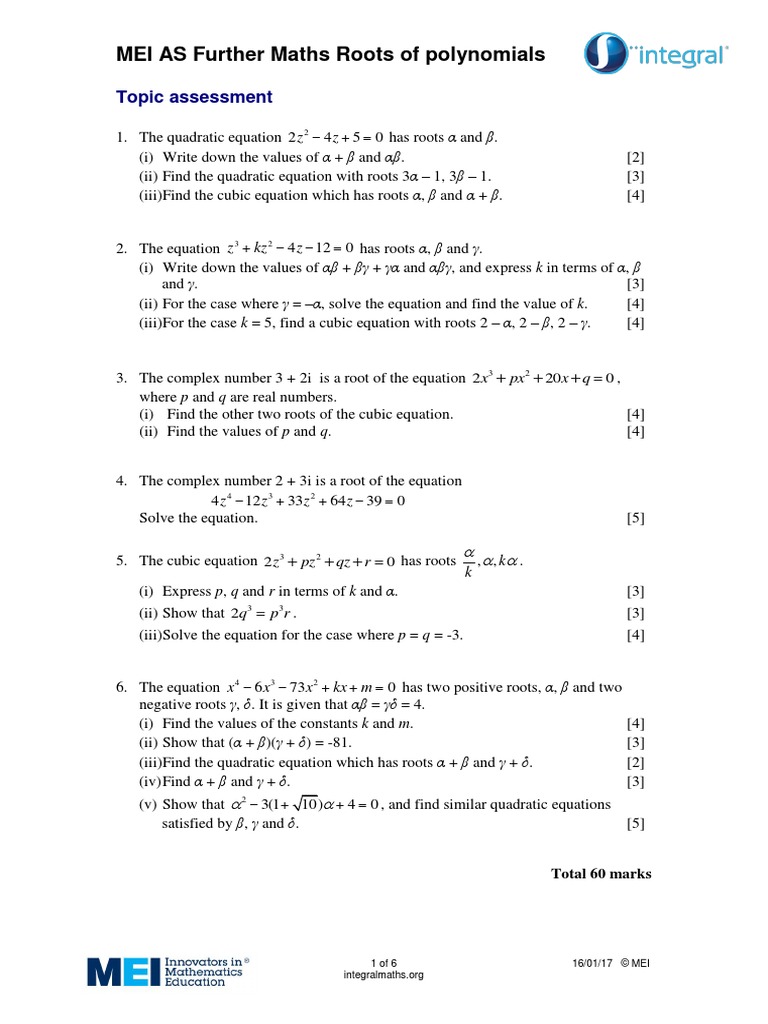 Roots of Polynomials Integral Topic Assessment | PDF | Zero Of A ...