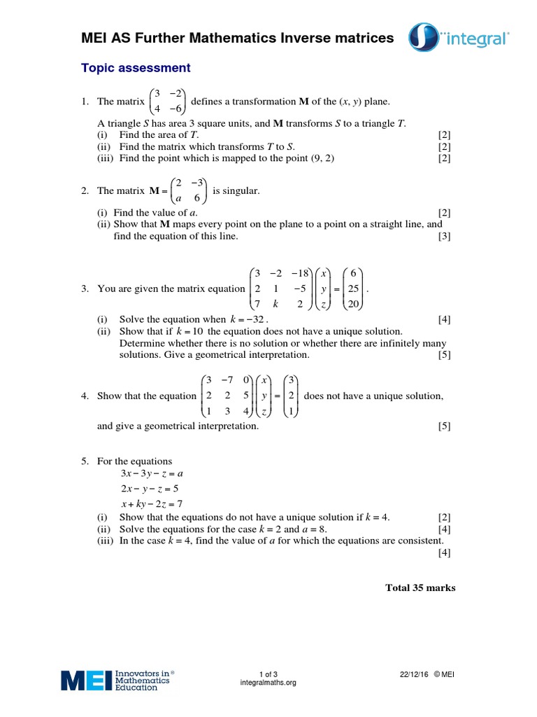Matrices and Inverses Intergal Topic Assessment | PDF | Matrix (Mathematics) | Mathematical ...