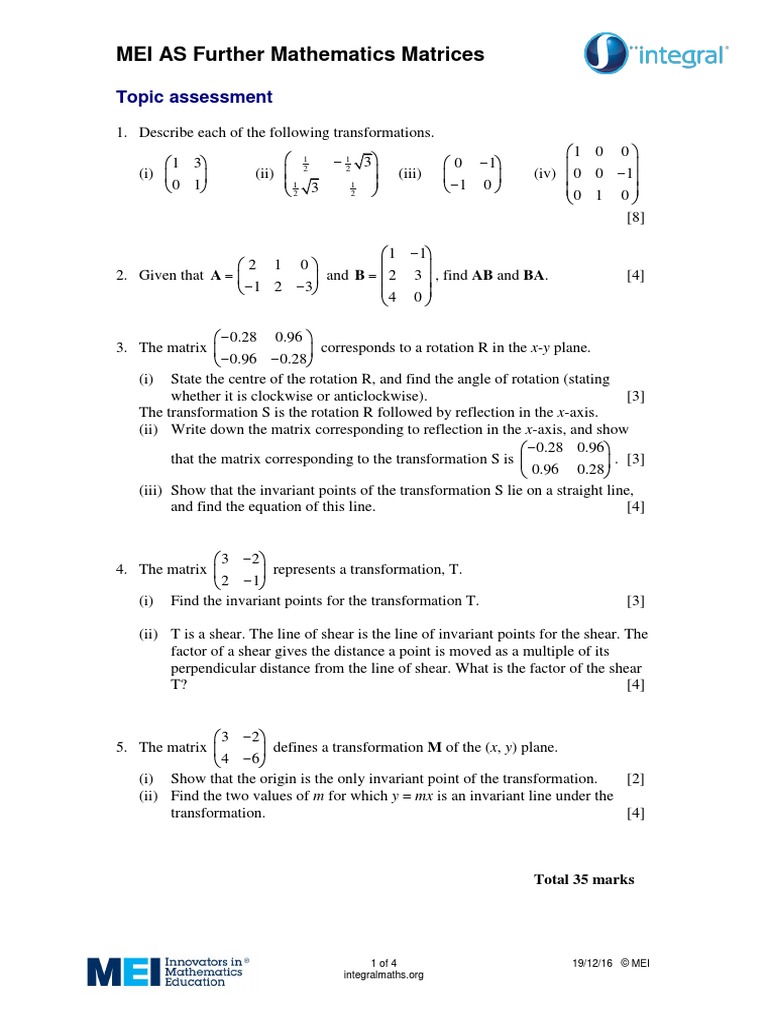 Matrices and Transformations Integral Topic Assessment | PDF | Matrix ...