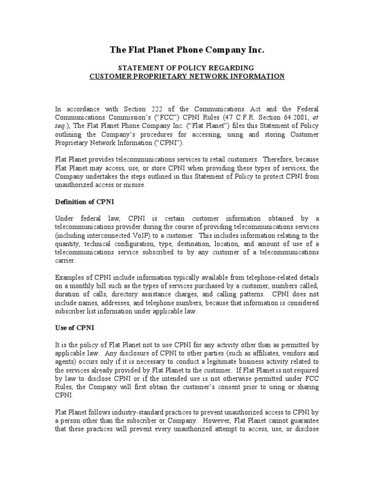 FLAT - PLANET - CPNI - Officer - Certification 2011 | PDF | Customer ...