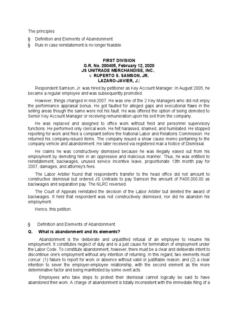 G.R. No. 200405 - JS UNITRADE MERCHANDISE, INC. v. RUPERTO S. SAMSON ...